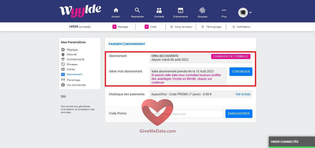 7 jours gratuits grâce au Code promo Wyylde - Give Me Date